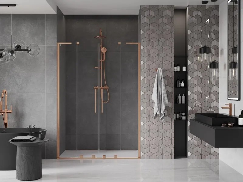 Mexen Velar L Duo, posuvné sprchové dveře do otvoru 140 cm, 8mm čiré sklo, měděná matná, 871-140-003-02-65