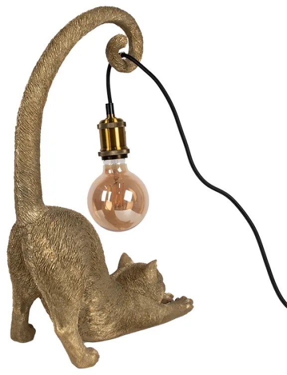 Stolní lampa ve tvaru zlaté protahující se kočky držící žárovku ocasem – 31x17x49 cm