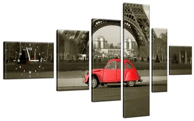 Tištěný obraz s hodinami Červené auto před Eiffelovou věží v Paříži 180x100cm ZP3533A_6E