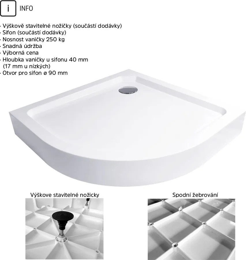 Mereo Mereo, Čtvrtkruhová sprchová vanička, R550, SMC, bílá včetně nožiček a sifonu o 90 mm., CV11H