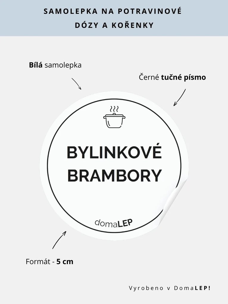Samolepka na kořenky BYLINKOVÉ BRAMBORY bílá 5 cm tučné písmo