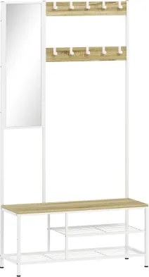 HOMCOM Stojan na oděvy s regálem na boty a zrcadlem, 3 police, sedací lavice, 10 nastavitelných háčků, moderní styl do předsíně, 98x34x186 cm, přírod…