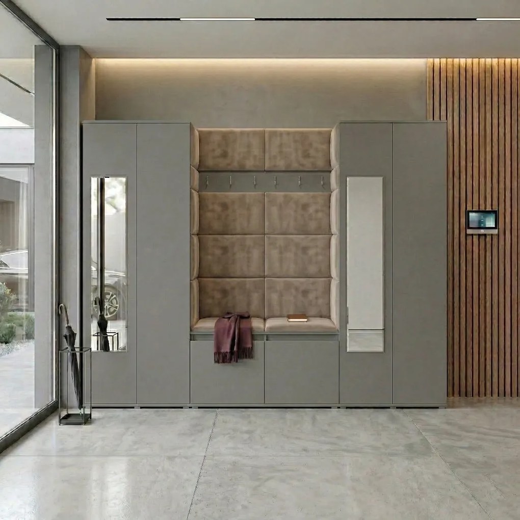 Předsíňová stěna Trinity 10 s čalouněnými panely, 280 cm, grafit/ béžová