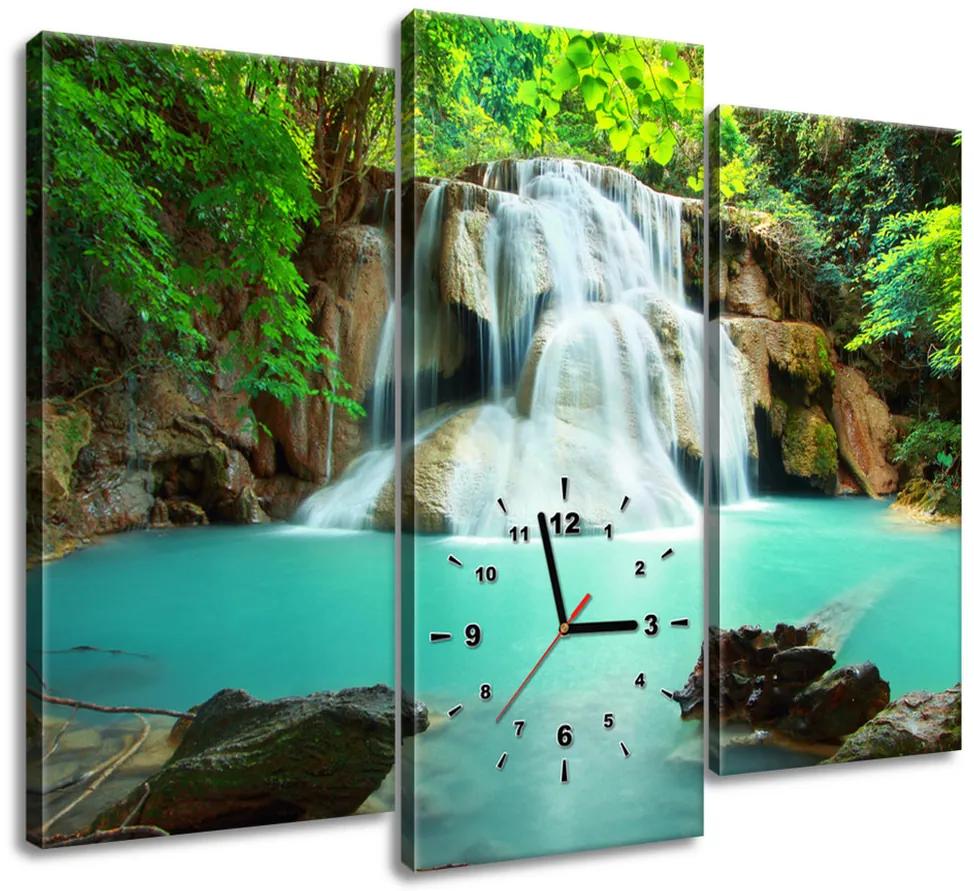 Gario Obraz s hodinami Vodopád v Thajsku - 3 dílný Rozměry: 80 x 40 cm