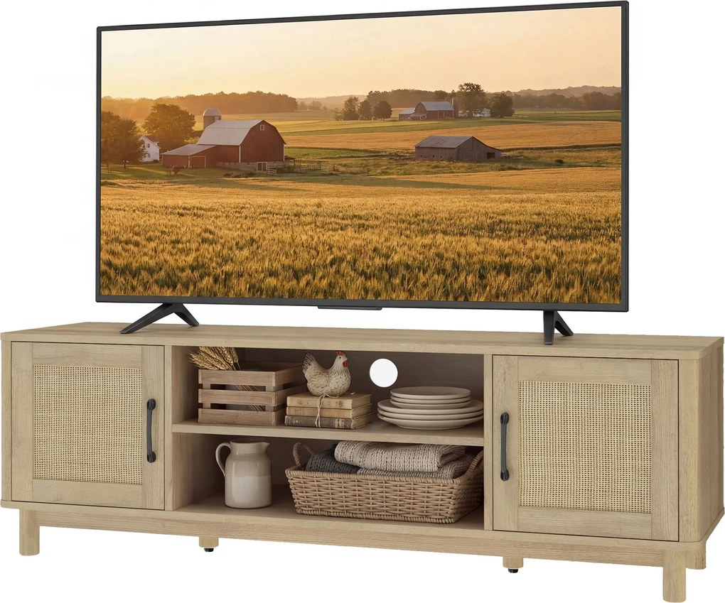 HOMCOM TV nábytek 135 cm, TV nábytek pro televize až do 165,1 cm s 2 ratanovými dveřmi, 2 otevřenými přihrádkami, dub