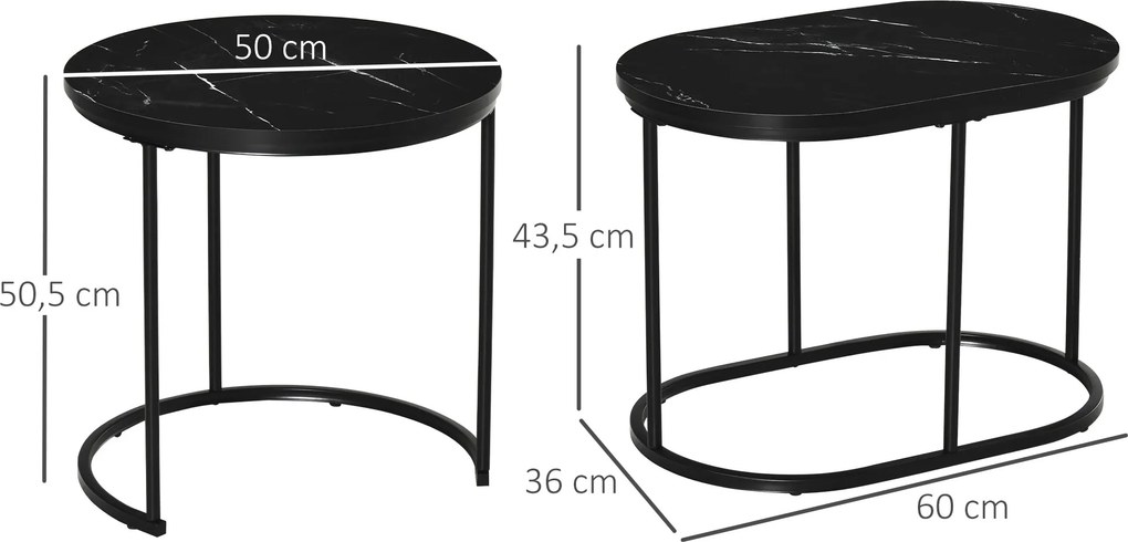 HOMCOM sada 2 konferenčních stolků kulatý oválný stohovatelný do 30 kg Konferenční stolek z MDF a oceli černý Ø50 x 50 5H cm do obývacího pokoje | Ao…