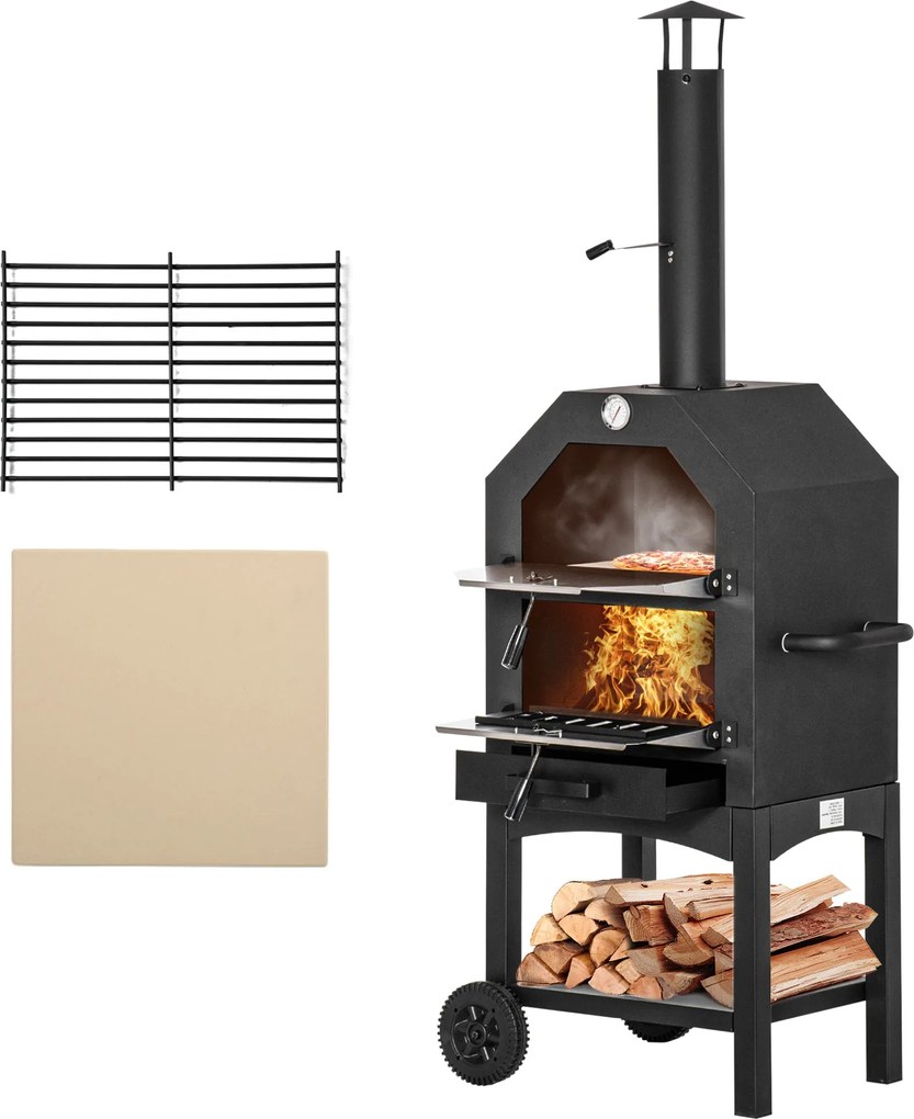 Outsunny venkovní pizza pec s 2 vrstvami na dřevo, s koly a vyjímatelným odkládacím stolem pro terasu, kempování a patio 64x54x160 cm Černá | Aosom