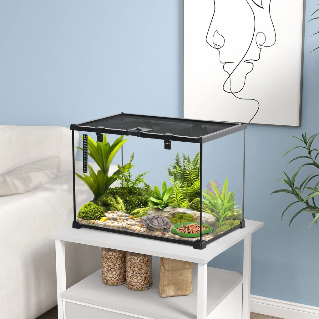 PawHut terárium pro plazy 50 x 30 x 35 cm, skleněný teráriový box pro chov plazů, kovová konstrukce