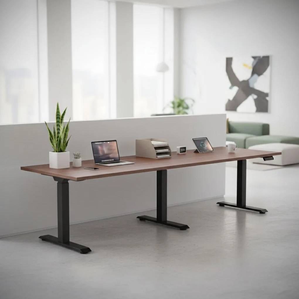 Výškově nastavitelný stůl OfficeTech Long, 260 x 80 cm, černá podnož, ořech
