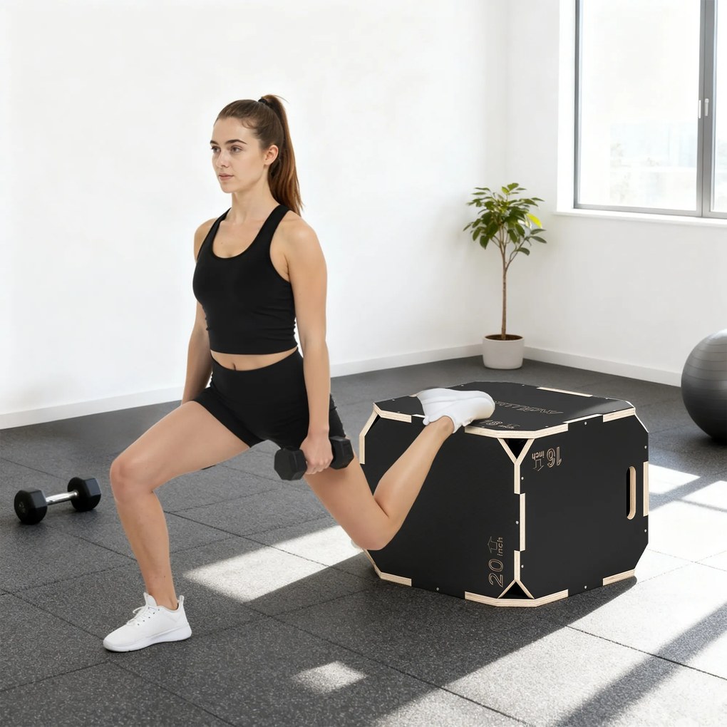 SPORTNOW 3-v-1 Plyo-box, skákací box s otvory pro uchopení, pro domácí fitness a venkovní cvičení, 3 výšky skoku, dřevo, Černá