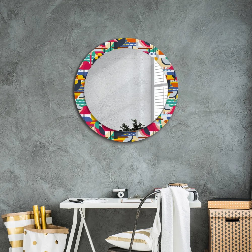 Kulaté dekorativní zrcadlo na zeď Geometrické tropické ptáky fi 70 cm