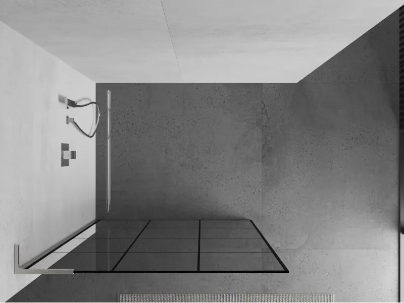 Mexen Kioto L, sprchová zástěna Walk-In 120 x 200 cm, 8mm čiré sklo černý vzor, ​​broušená ocel profil, 800-120-103-97-77