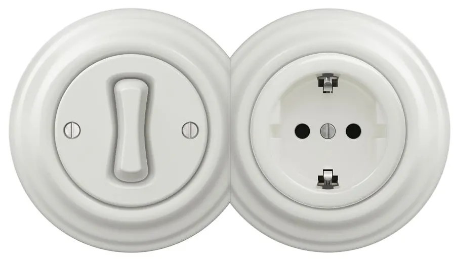 Kliklap - Retro jednopólový vypínač č. 1 a zásuvka SCHUKO 230V s rámečkem bílá 2xKA0008+KA0001+KA0106