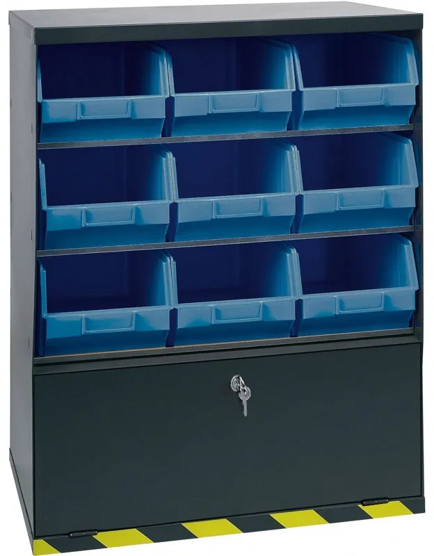 Závěsný regál s plastovými boxy BASIC a přihrádkou, 9 boxů