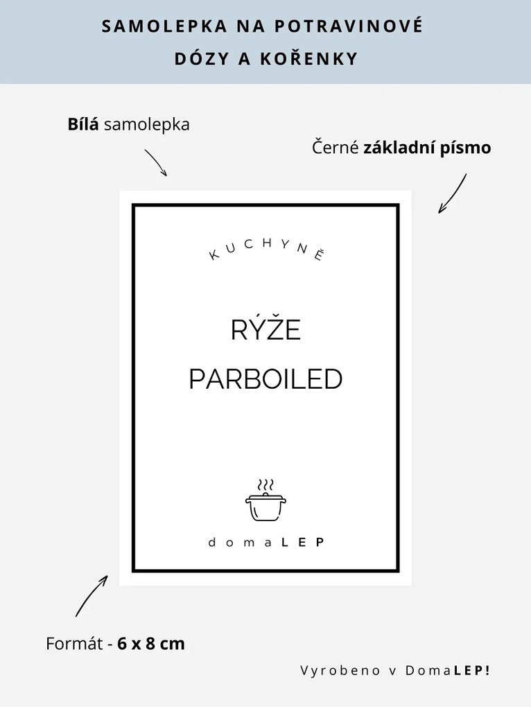 RÝŽE PARBOILED– bílá samolepka na dózu, základní písmo, 6 x 8 cm | DomaLEP