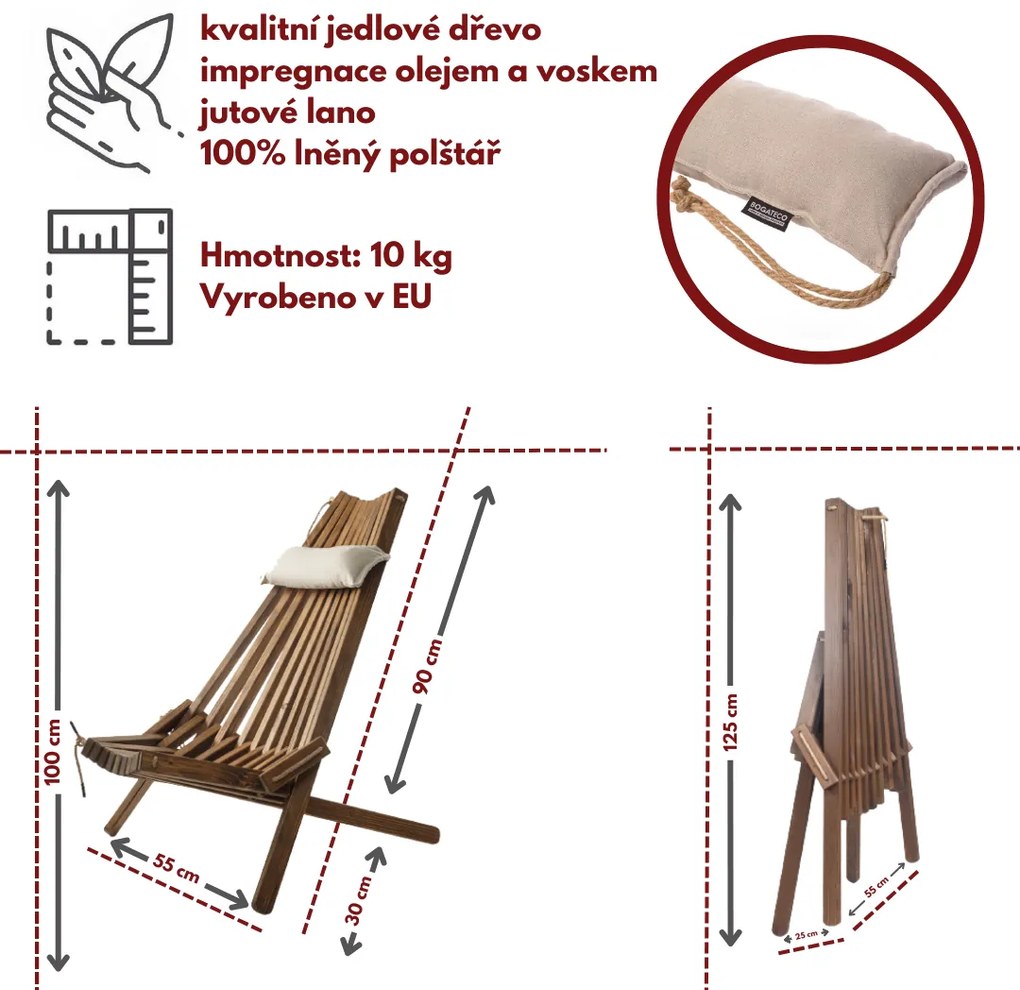 Vingo Skládací zahradní dřevěné křeslo s polštářkem – hnědé