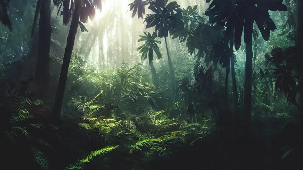 Fototapeta Dark Rainforest, Sun Rays Through The Trees, Rich Jungle Greenery. Atmospheric Fantasy Forest. 3D . Hladký vinyl 135x90