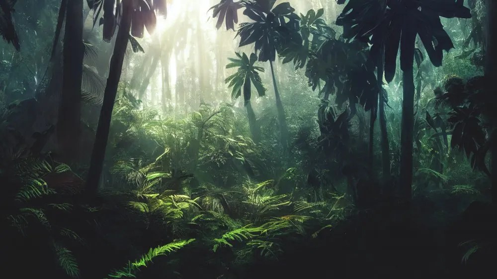 Fototapeta Dark Rainforest, Sun Rays Through The Trees, Rich Jungle Greenery. Atmospheric Fantasy Forest. 3D . Vliesová tapeta 300x210