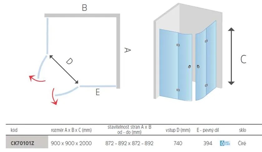 Mereo Novea sprchový kout 90x90x200 cm R 550 pantový sklo čiré 6 mm ALU chrom EC CK70101Z