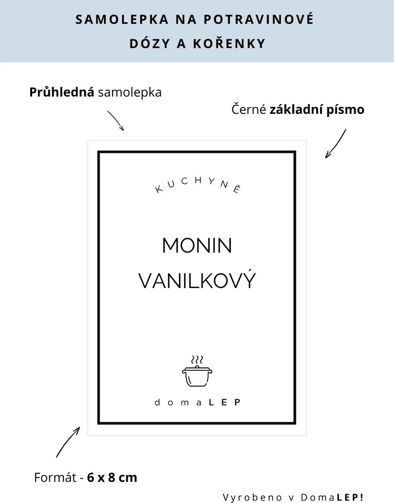 Samolepka na láhev MONIN VANILKOVÝ 6 x 8 cm – průhledná vinylová, voděodolná, omyvatelná samolepka na dózy, základní písmo
