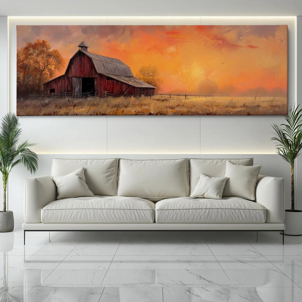 Obraz na plátně - Stará stodola a jemný západ slunce FeelHappy.cz Velikost obrazu: 150 x 50 cm