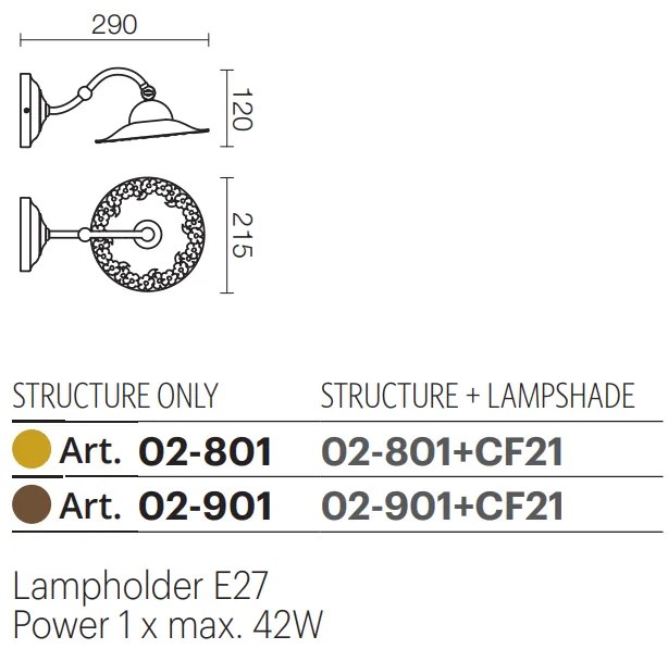 Incanti Rustikální nástěnné svítidlo Lea, ø 21,5 cm, keramické Barva: Mosaz