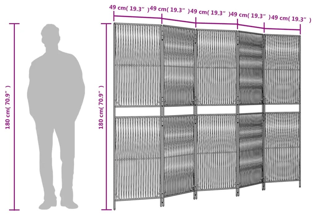 Dělicí stěna 5 panelů hnědá polyratan,  365381