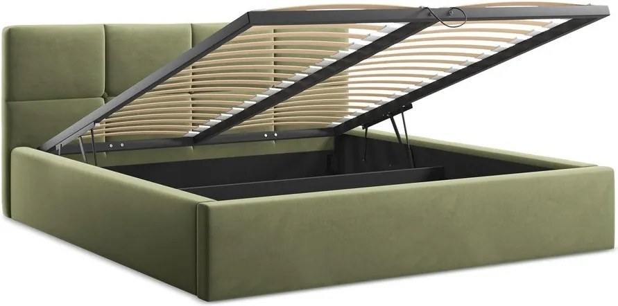 Zelená sametová čalouněná dvoulůžková postel s úložným prostorem s roštem 140x200 cm Hiko – Makamii