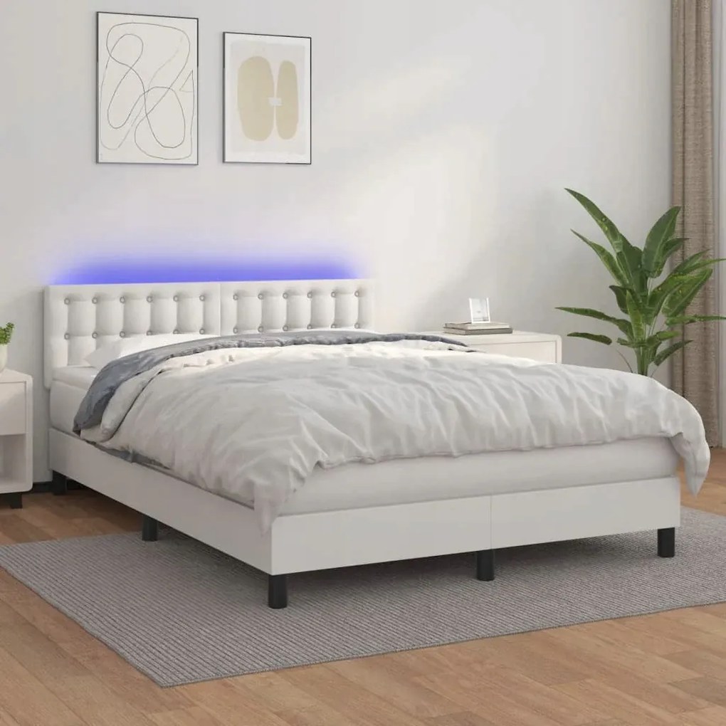 Box Spring Postel S Matrací A Led Umělá Kůže Bílá tlačítka 140 x 190 cm