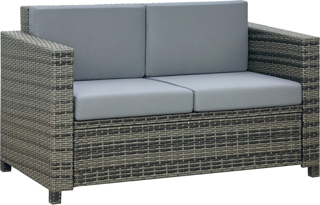 Outsunny Poly-Ratanová Pohovka s Polštáři pro 2 Osoby, Zahradní Lounge Pohovka, Kov, Polyester, Šedá, 130 x 70 x 80 cm | Aosom