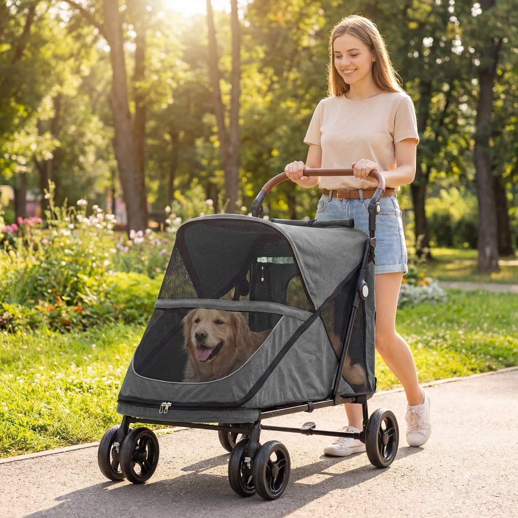 Skládací psí kočárek PawHut – nosnost až 40 kg, odpružení na 4 kolech, přední kola otočná o 360°, pratelná vložka, nastavitelná rukojeť, šedý