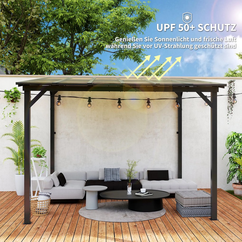 Outsunny pergola pavilon cca 3x3m, voděodolný, stabilní, zimní zastřešení terasy s UV ochranou 50+, nástěnný kovový zahradní pavilon, ochrana před sl…