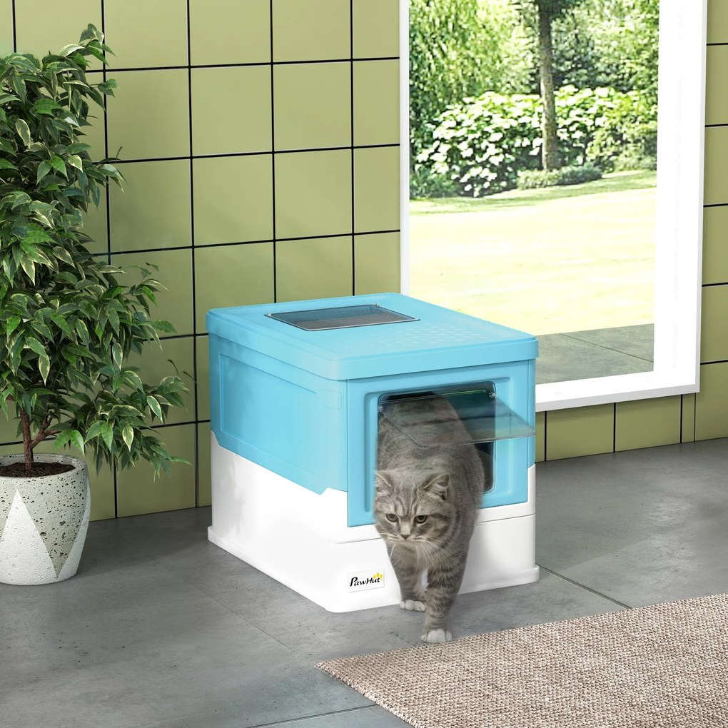 Skládací kočičí záchod PawHut s krytem, odnímatelným zásobníkem, dvířky s horním vstupem a lopatkou 47,5x35,5x36,7 cm Modrá a bílá