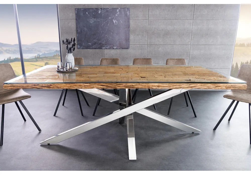 Massive home | Jídelní stůl BARRACUDA 220 CM sklo/masiv teak