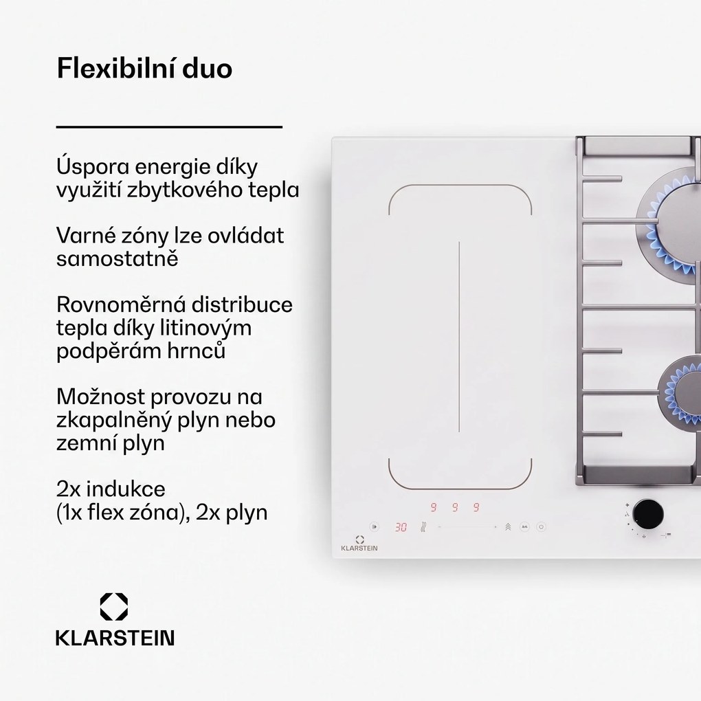 Klarstein MultiChef 4, indukční a plynová varná deska, 4 varné zóny, 2 plynové hořáky, 2 indukční varné desky, FlexZone