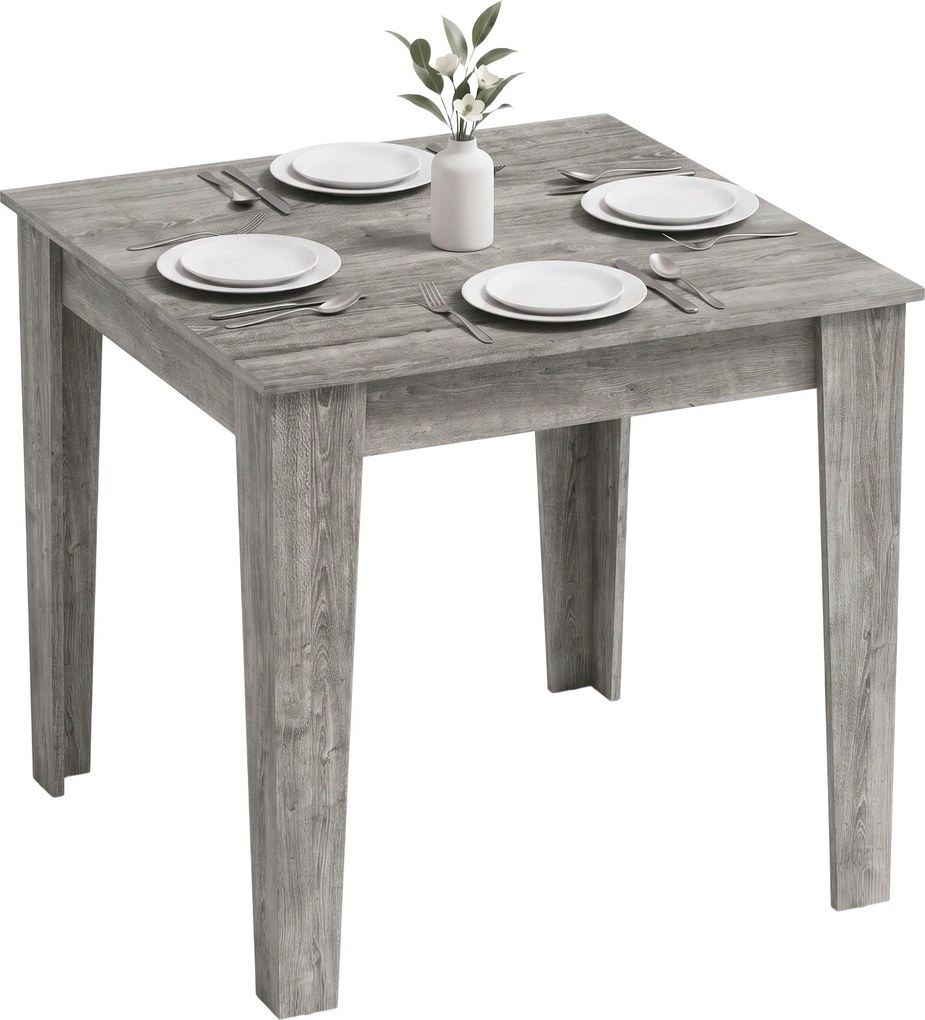 HOMCOM jídelní stůl pro 4 osoby, čtvercový kuchyňský stůl 80x80x75 cm s protiskluzovými nožičky, šedý dřevěný efekt