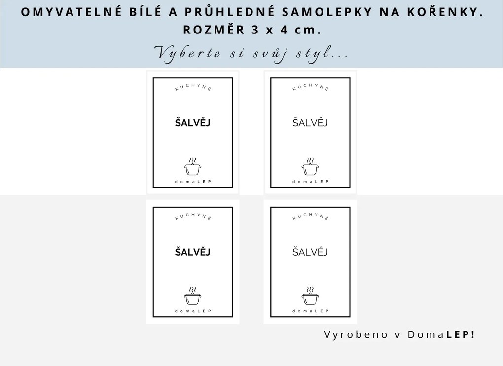 ŠALVĚJ - Samolepka na kořenky 3 x 4 cm - DomaLEP varianta: BÍLÁ - základní písmo