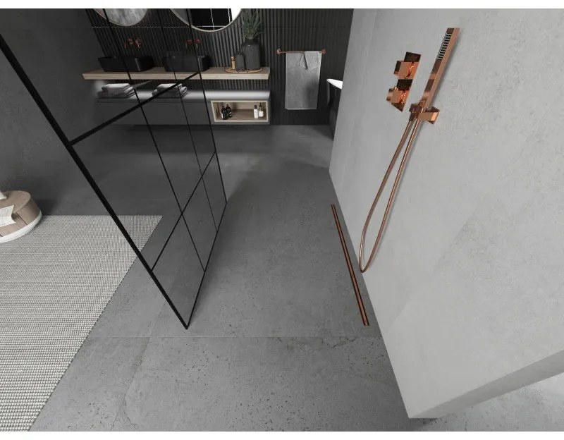 Mexen Kioto, průchozí sprchová zástěna 110 x 200 cm, 8mm sklo čiré/černý vzor, 2x růžové zlato stabilizační rozpěra, 800-110-002-60-77