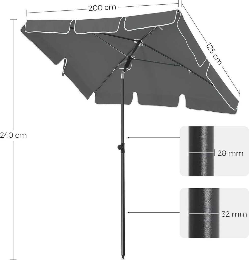 Sklopný slunečník 2x1,25 m, obdélníkový slunečník s taškou, šedý