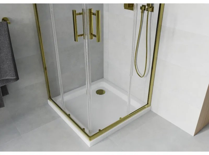 Mexen Rio, čtvercový sprchový kout s posuvnými dveřmi 70 (dveře) x 70 (dveře) x 190 cm, 5mm čiré sklo, zlatý profil + sprchová vanička SLIM se zlatým sifonem, 860-070-070-50-00-4010G