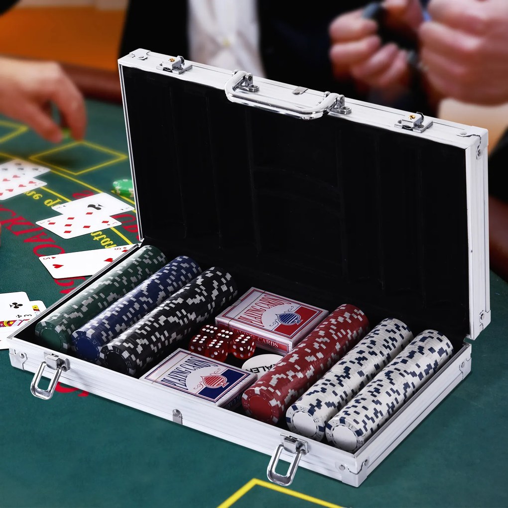 Sada pokerových kufříků HOMCOM s 300 žetony, 2 balíčky karet a 5 kostkami v hliníkovém kufříku, ideální pro kasinové večery, 38x20,5x6,5cm