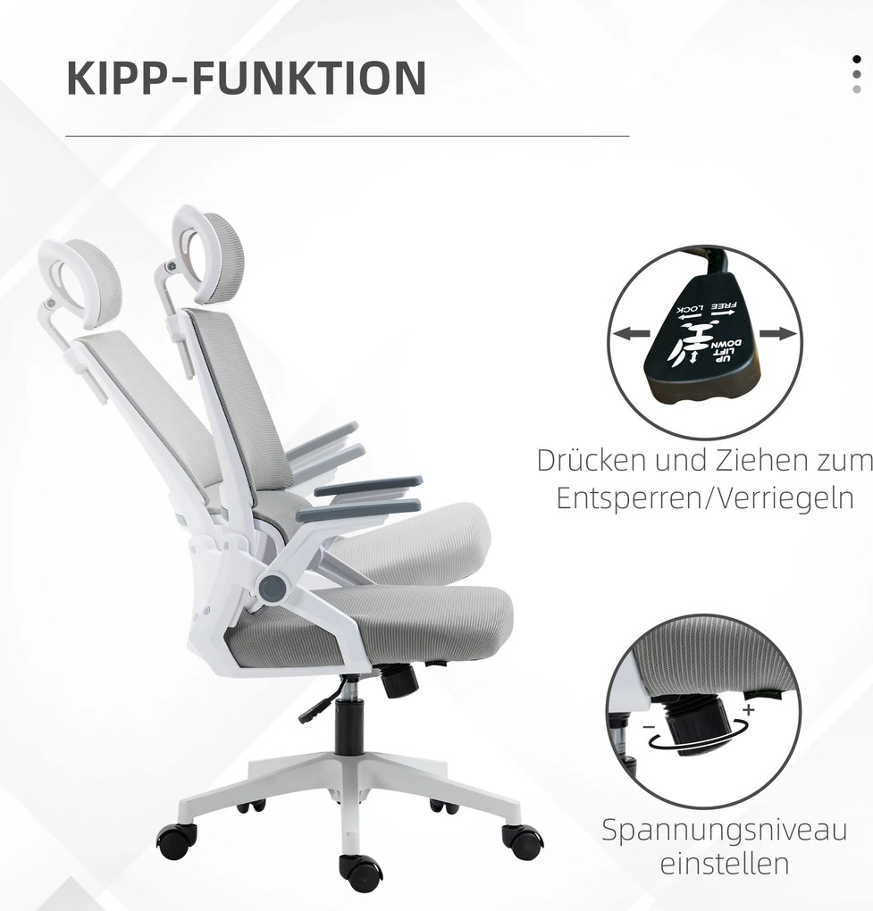 Ergonomická kancelářská židle Vinsetto s nastavitelnou opěrkou hlavy a područkami, výškově nastavitelnou otočnou židlí s funkcí houpání a síťovanou b…