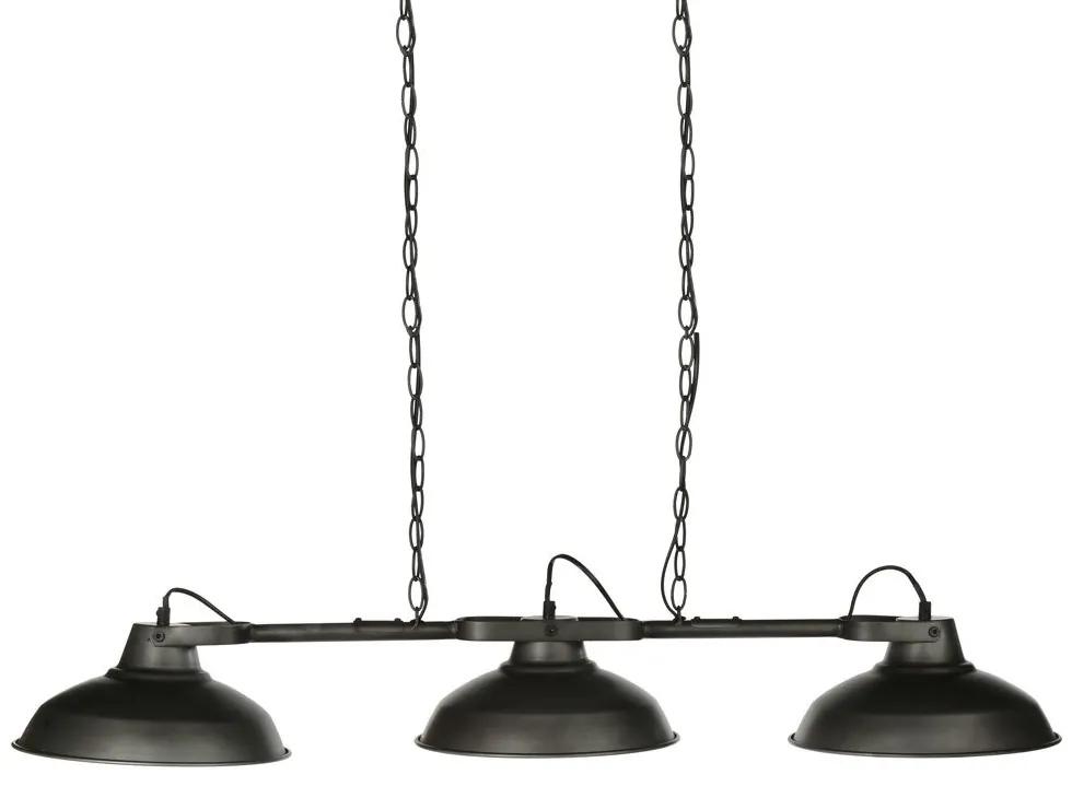 Stropní svítidlo černé barvy v industriálním stylu, vyrobené z oceli, má tři zdroje světla