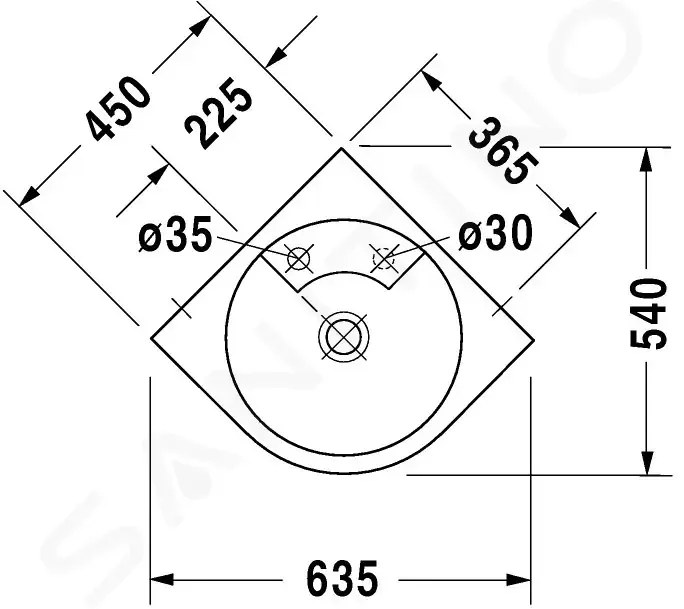 DURAVIT - Architec Umyvadlo 635x540 mm, bez přepadu, s otvorem pro baterii, bílá (0448450000)