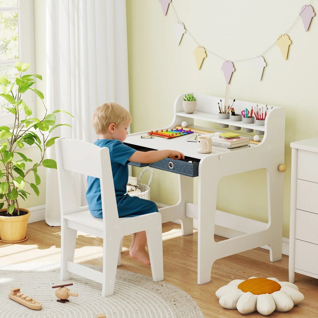 AIYAPLAY Dětský psací stůl s židlí, 2 zásuvky a držák na hrnek, Bílá, 62,8×55,6×73,8 cm