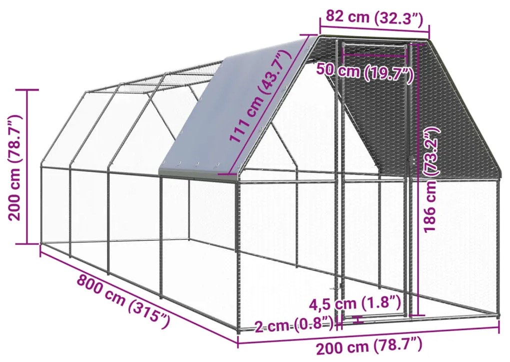vidaXL Marketos Venkovní klec pro kuřata 2 x 8 x 2 m pozinkovaná ocel
