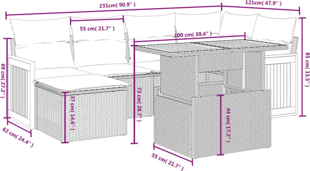 vidaXL 7dílná zahradní sedací souprava s poduškami polyratan [3274058] Barva: Černá a krémová