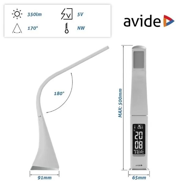 Kožená stmívatelná LED stolní lampa s displejem 6W 320lm, studené světlo, bílá