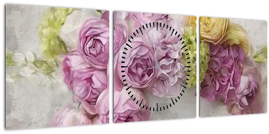 Obraz - Květy na zdi v pastelových barvách (s hodinami) (90x30 cm)