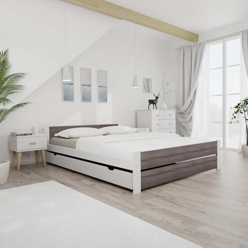 Postel IKAROS DOUBLE 120 x 200 cm, bílá/dub lanýž Matrace: Matrace Coco Maxi 20 cm, Rošt: S lamelovým roštem